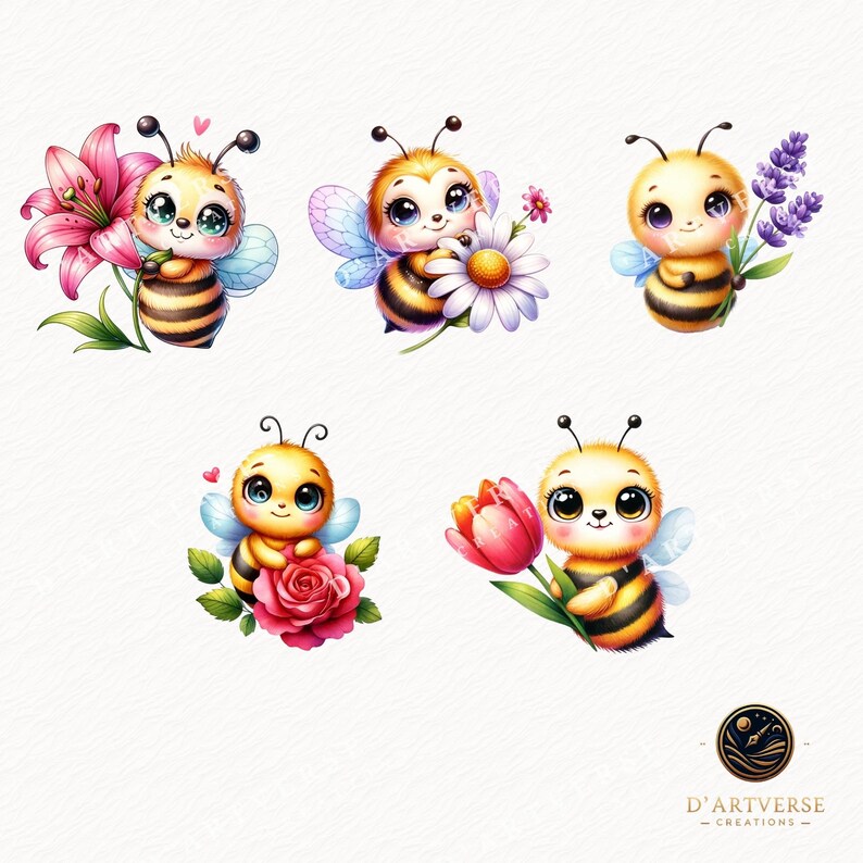 Watercolor Cute Bee Clipart Bundle Floral PNG Nursery Decor Digital ...