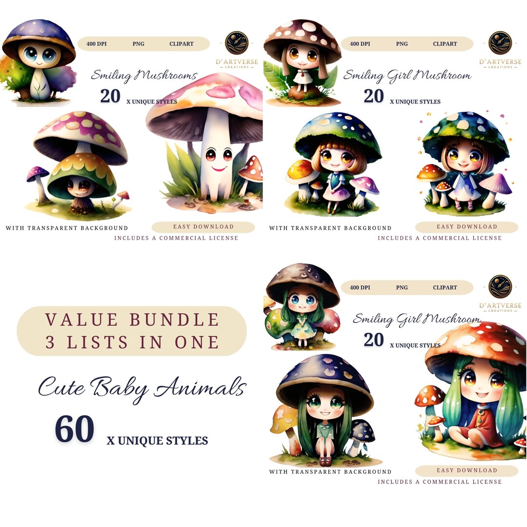 Mushroom Watercolor Clipart Mega Bundle Cute Mushroom Magical Clipart ...