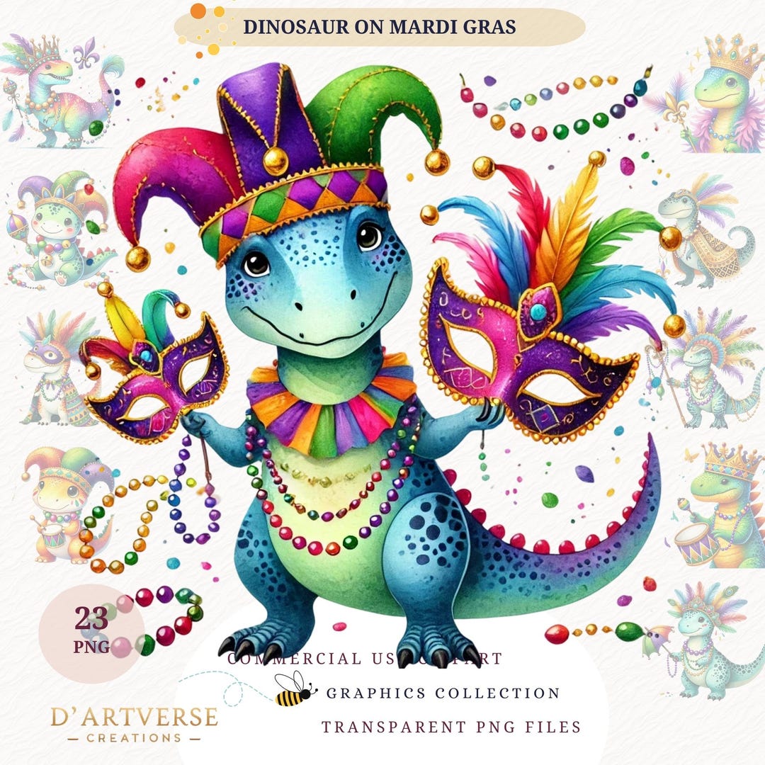 Mardi Gras Dinosaur Clipart Bundle Watercolor Carnival PNG Cute Dino ...