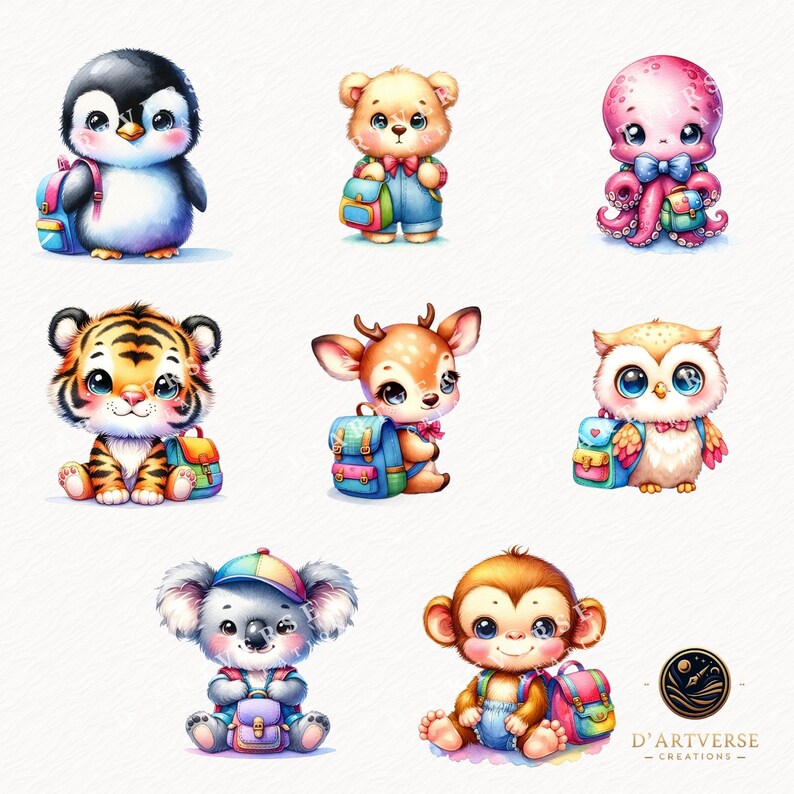 Watercolor School Animals Clipart Cute Animal Graphics Back to School ...