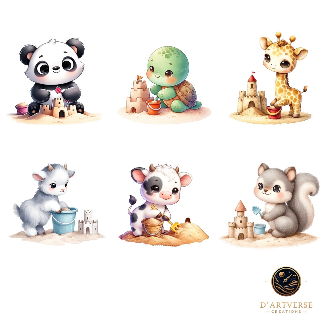 Watercolor Cute Animals Beach Clipart Baby Animal Sandcastle Png Cute ...