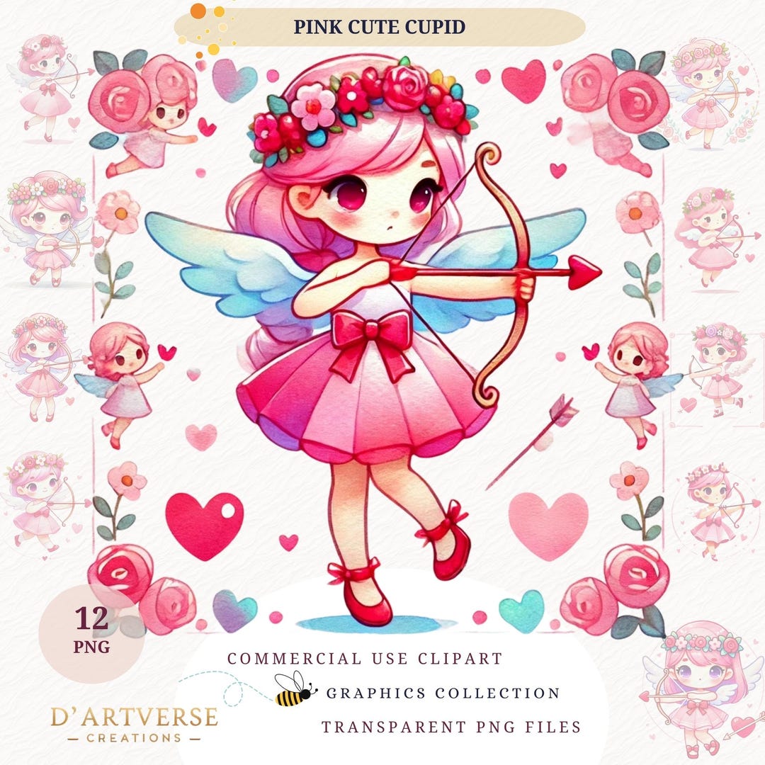 Watercolor Pink Cupid Clipart Valentines Day PNG Floral Angel Graphics ...