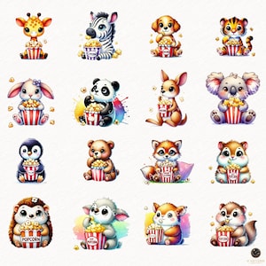 Watercolor Animals Clipart Popcorn Animals Bundle Cute Animal PNG ...