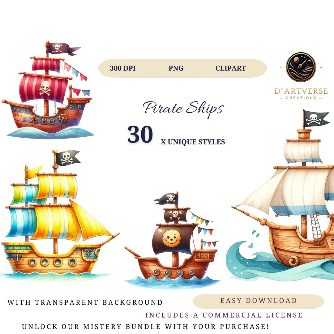 Watercolor Pirate Ships Clipart Bundle Digital Pirate Ship Graphics ...