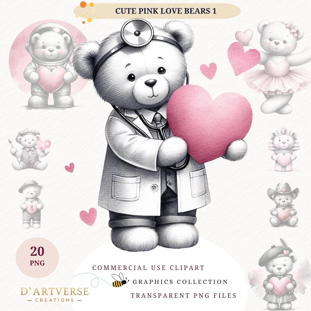 Watercolor Teddy Bear Clipart Bundle Cute Baby Bear With Pink Heart PNG ...
