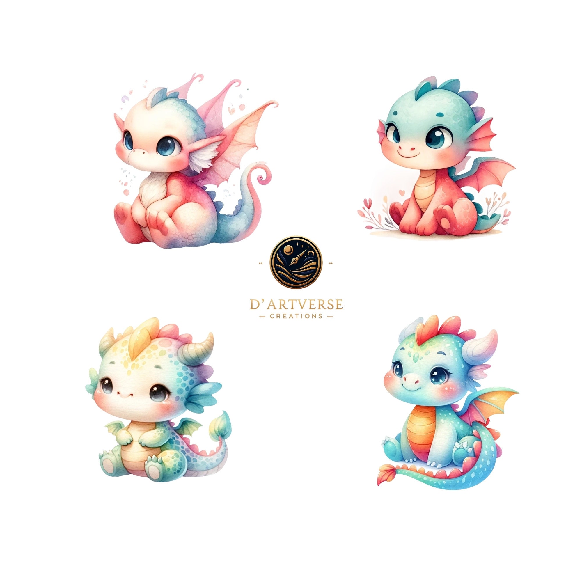 Watercolor Baby Dragon Clipart Cute Animal PNG Bundle Nursery Baby ...