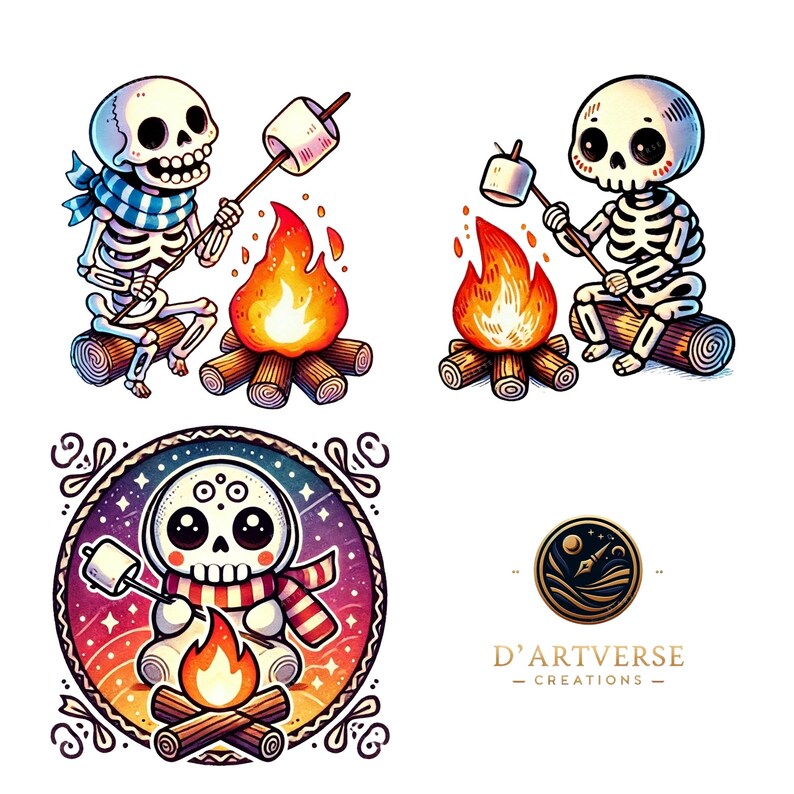 Watercolor Skeleton Clipart Marshmallow Campfire Cute Skeleton PNG ...