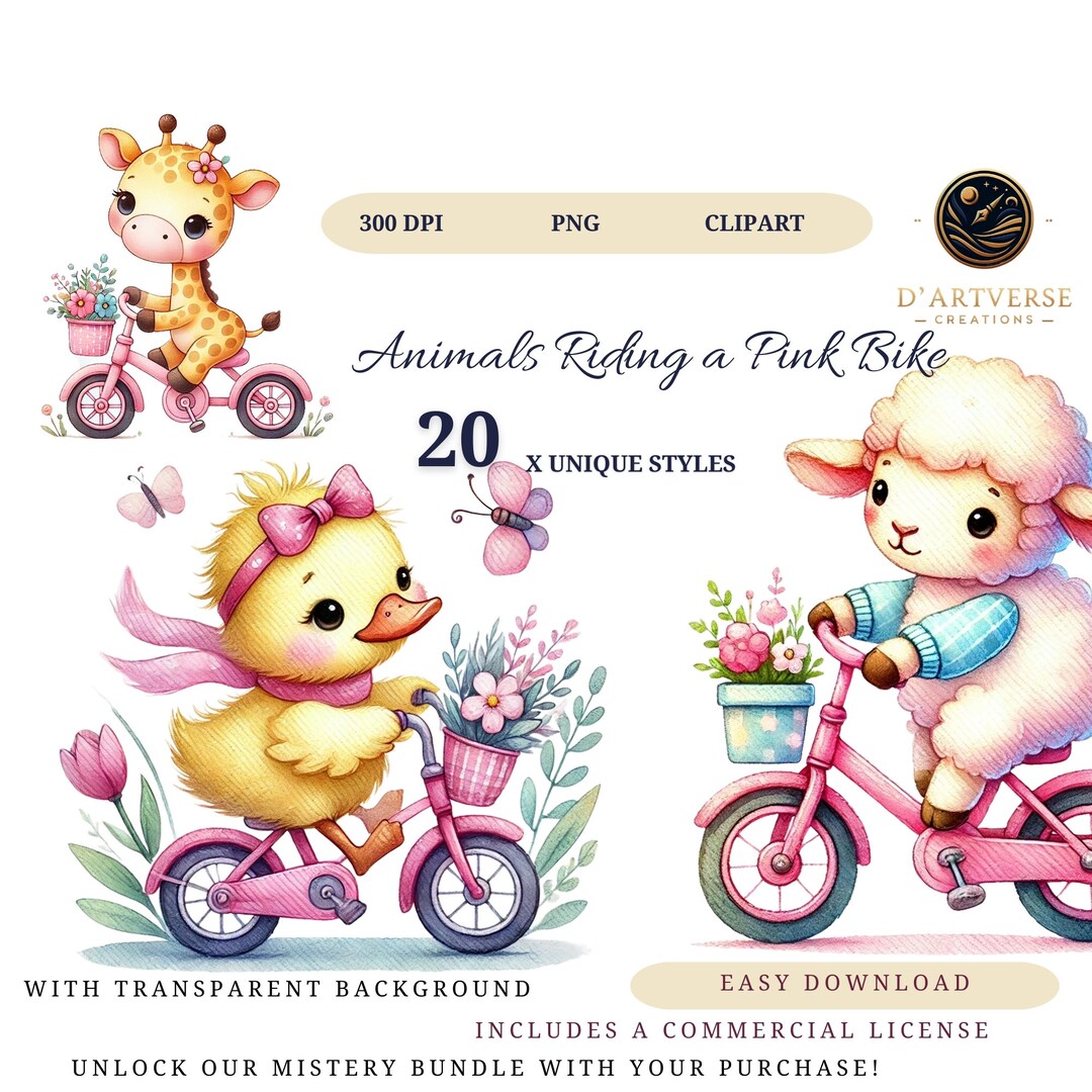 Watercolor Cute Animals Clipart Animals Riding Bikes PNG Nursery Animal ...