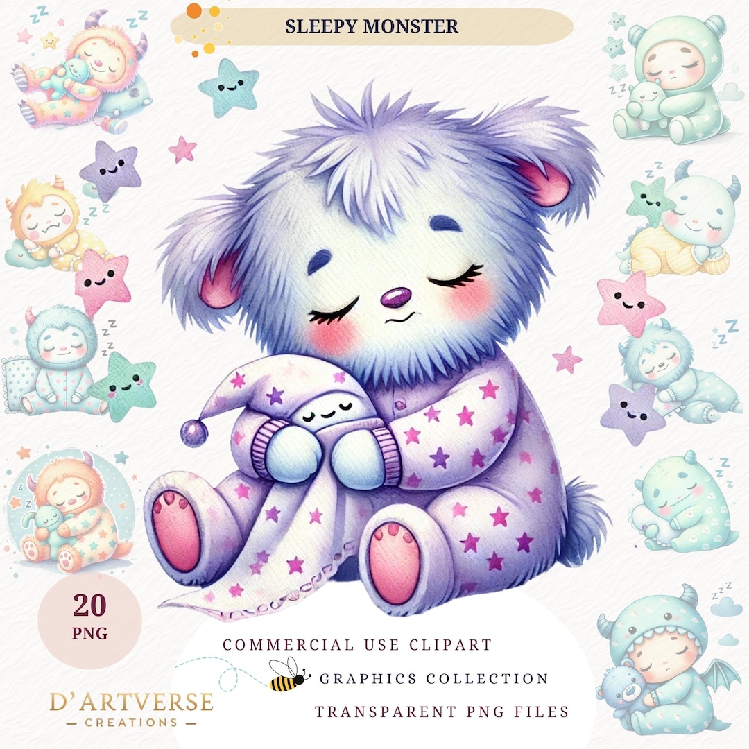 Sleepy Monster Clipart Pack Watercolor Baby Monster PNG Cute Nursery ...