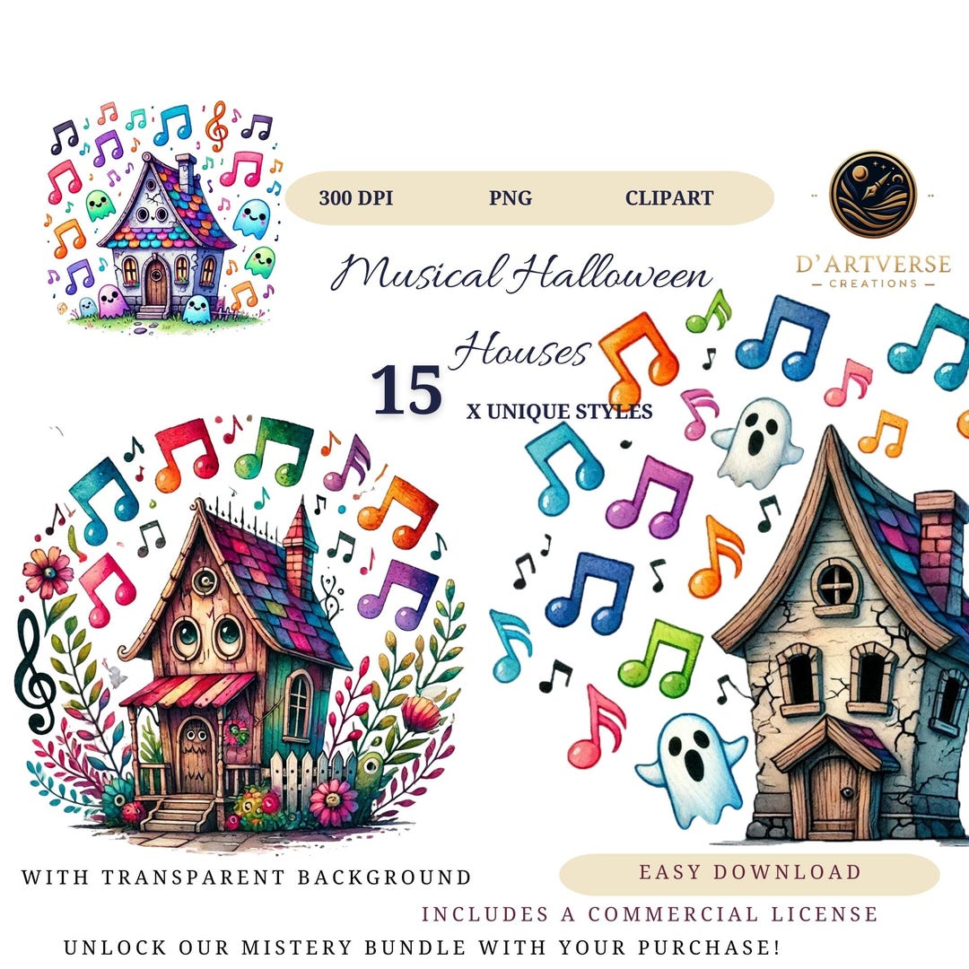Watercolor Halloween Clipart Haunted House Graphics Musical Ghost PNG ...