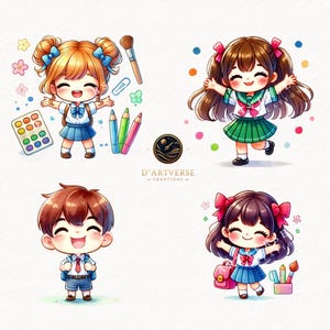 Watercolor Back to School Clipart Bundle Cute Cartoon Kids PNG School ...
