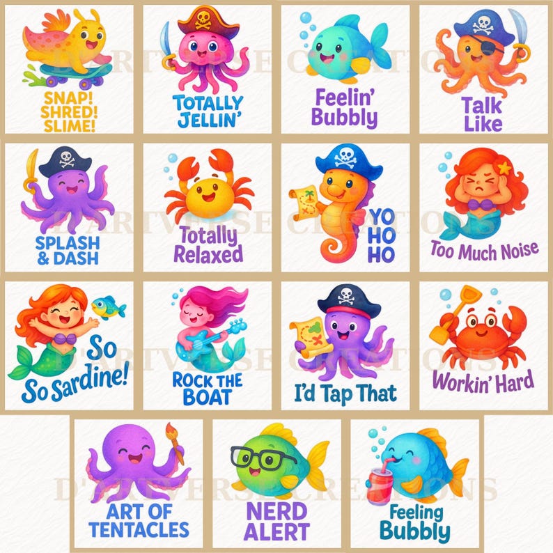 Funny Mermaid Pirate Clipart PNG Cute Ocean Sea Creatures Octopus Fish ...