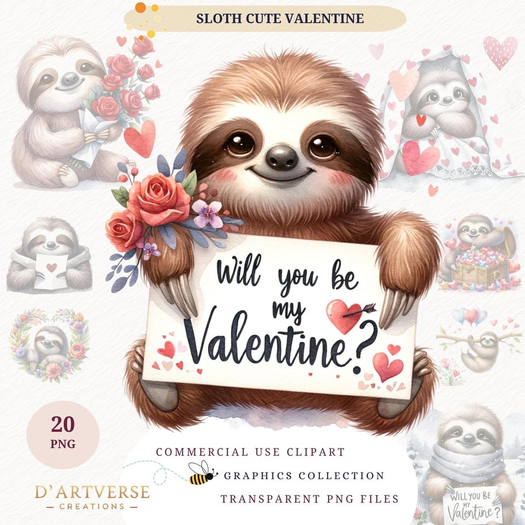 Sloth Valentine Clipart Bundle Cute Watercolor Love PNG Romantic Animal ...