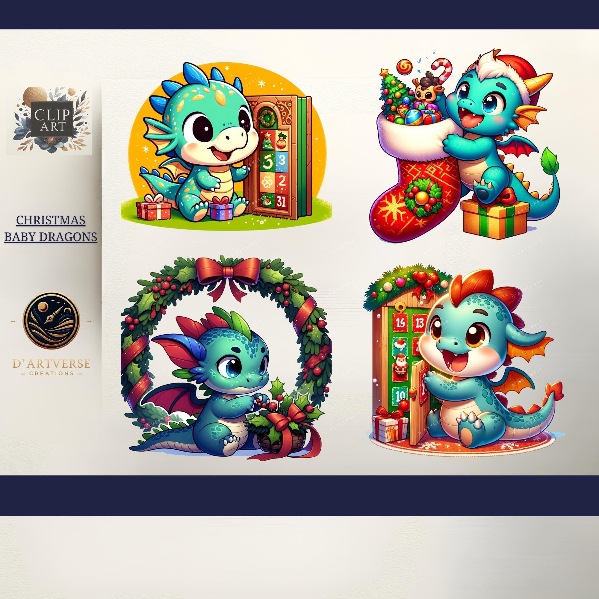Christmas Dragon Clipart Cute Xmas Clipart Festive Holiday Digital ...