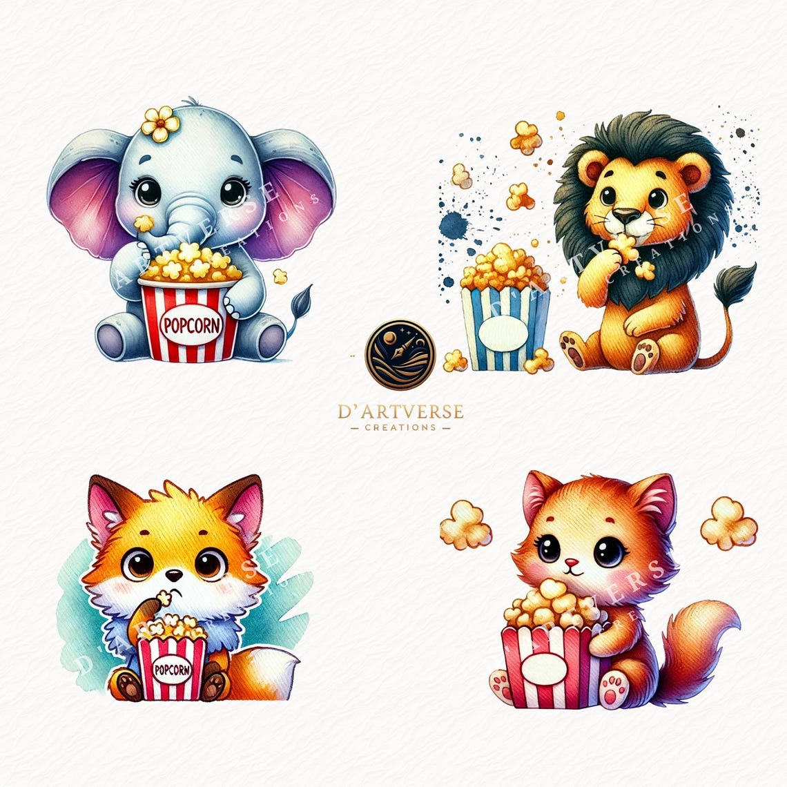 Watercolor Animals Clipart Popcorn Animals Bundle Cute Animal PNG ...