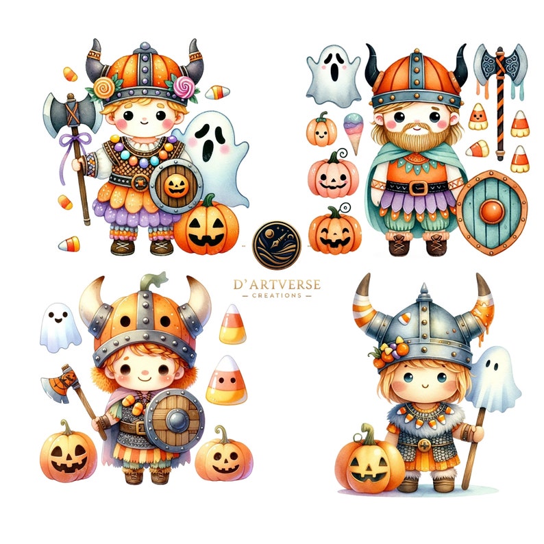 Halloween Viking Clipart Bundle Watercolor Cute Vikings PNG Halloween ...