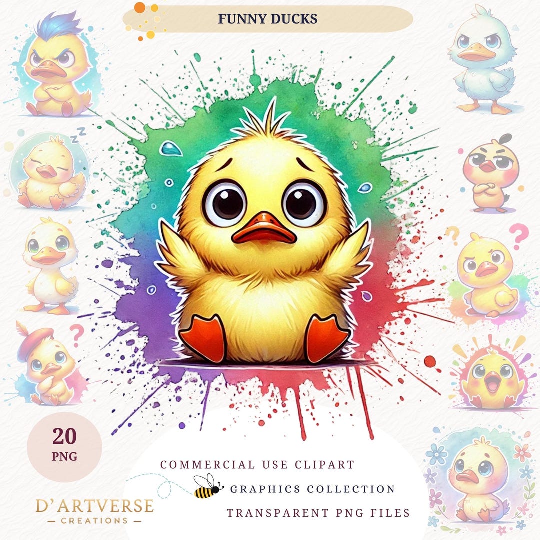 Funny Duck Clipart Bundle Watercolor Baby Duck PNG Cartoon Bird ...