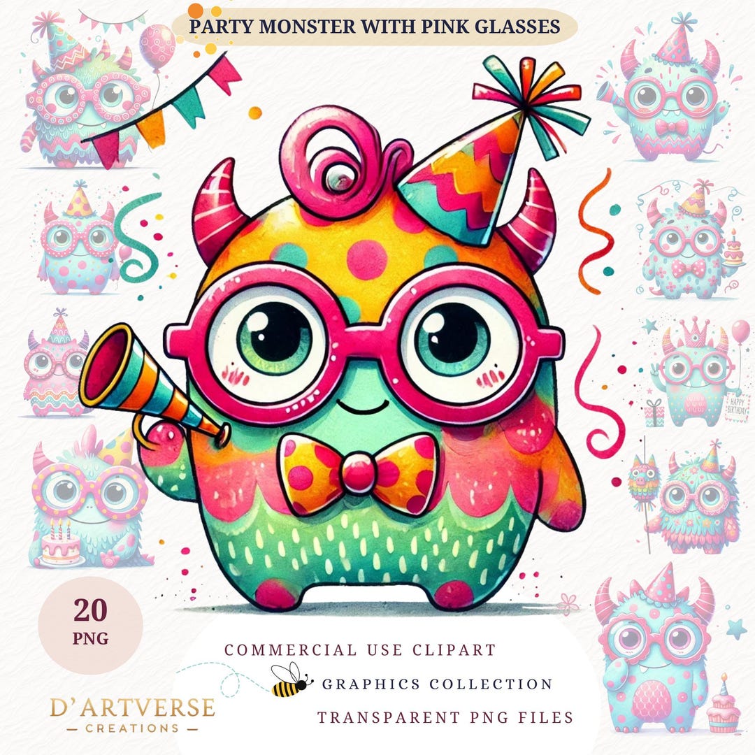 Monster Birthday Clipart Bundle Cute Kids Party PNG Funny Pink Monsters ...