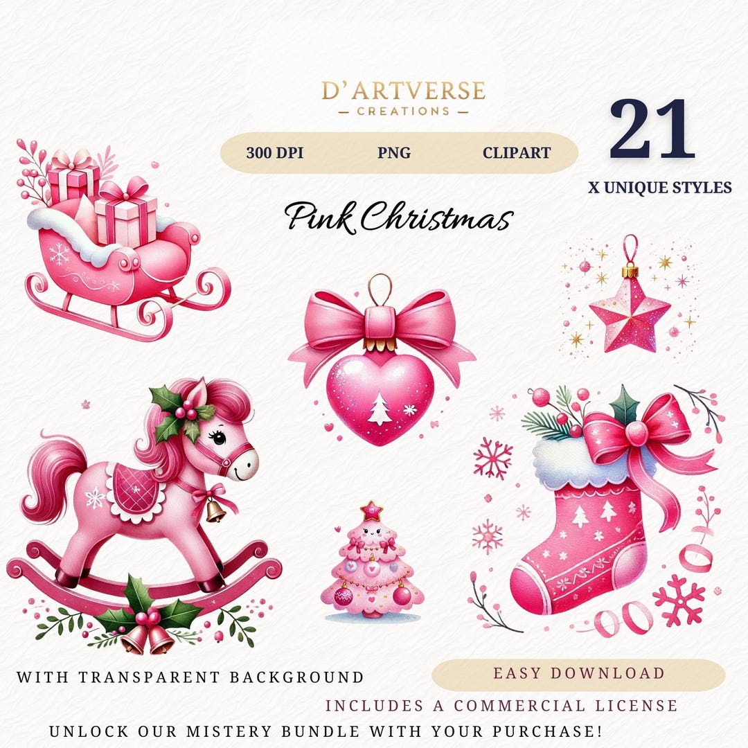 Watercolor Pink Christmas Clipart Bundle Pastel Holiday Decor PNG Pink ...