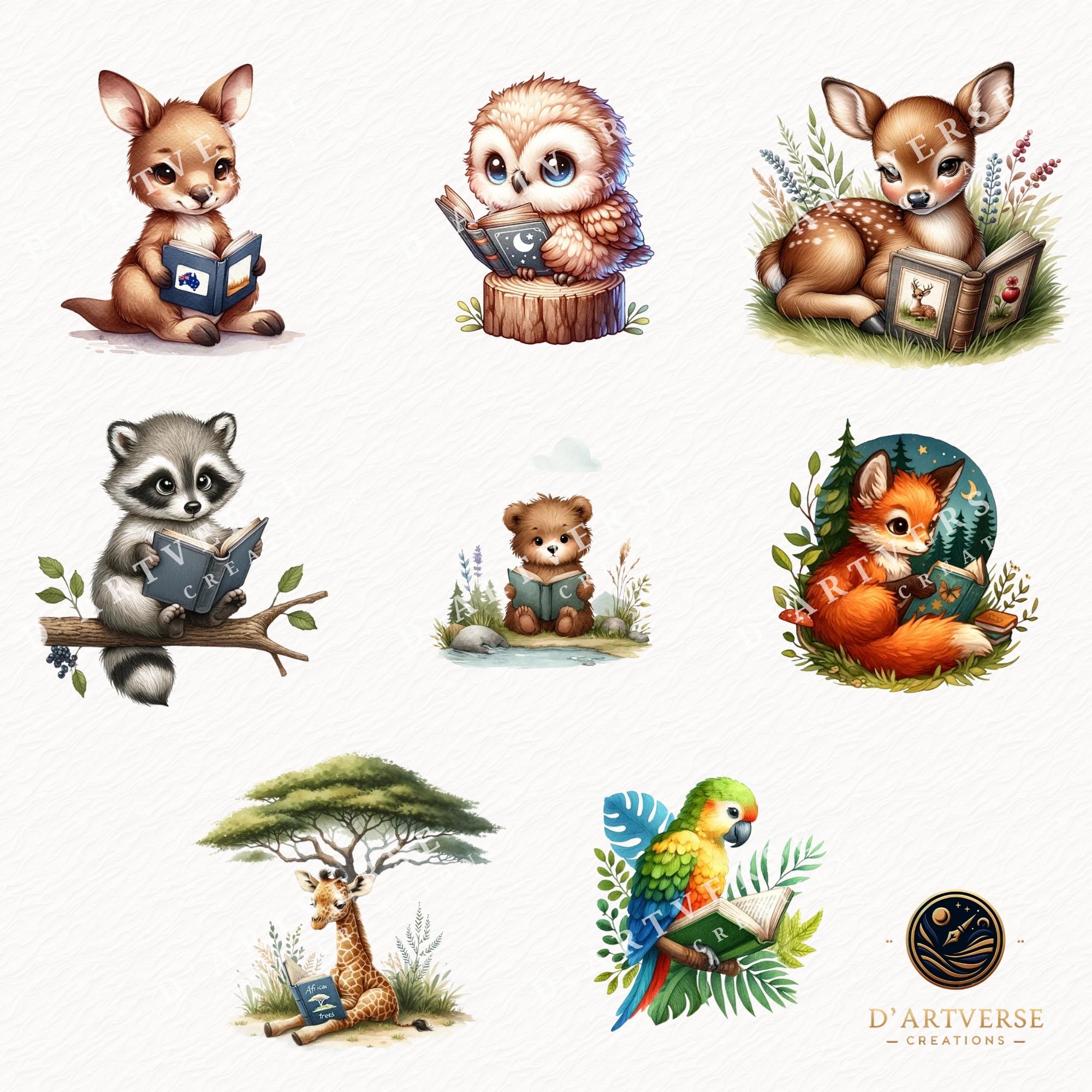 Cute Animals Reading Clipart Book Watercolor Animal Graphics PNG ...