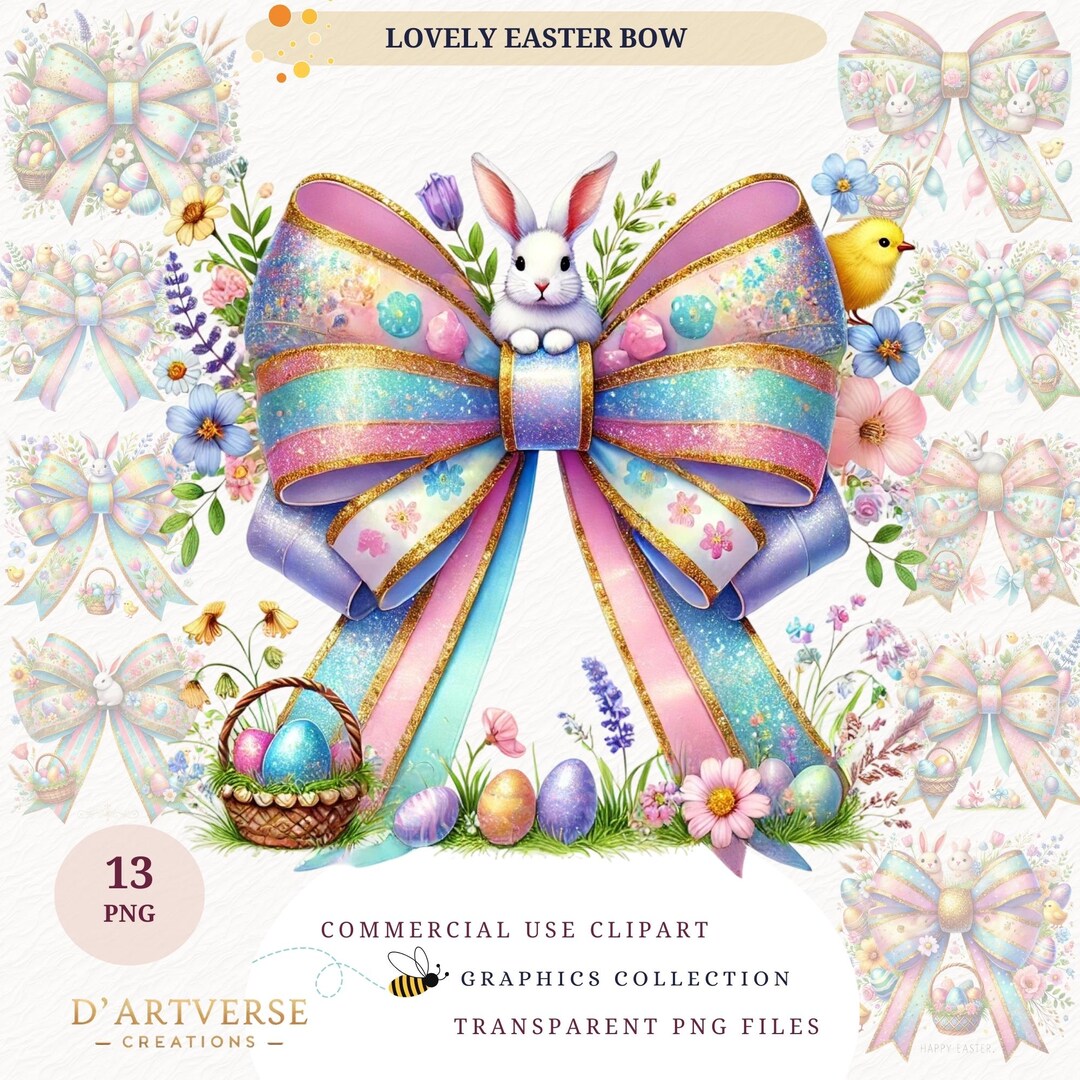 Watercolor Easter Bow Clipart Bunny Ribbon PNG Pastel Spring Floral ...
