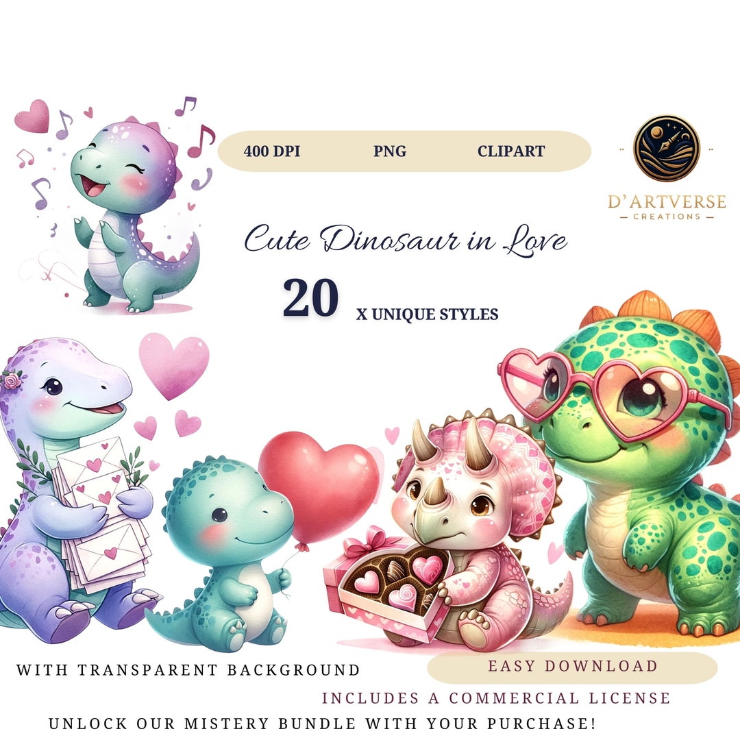 Dinosaur Clipart Love Day Valentine Graphics Watercolor Dino Art Cute ...