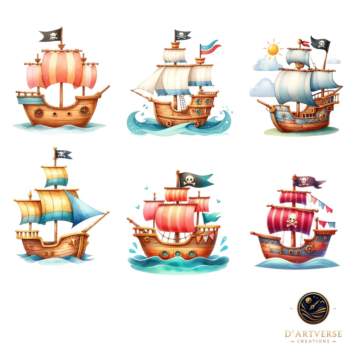 Watercolor Pirate Ships Clipart Bundle Digital Pirate Ship Graphics ...