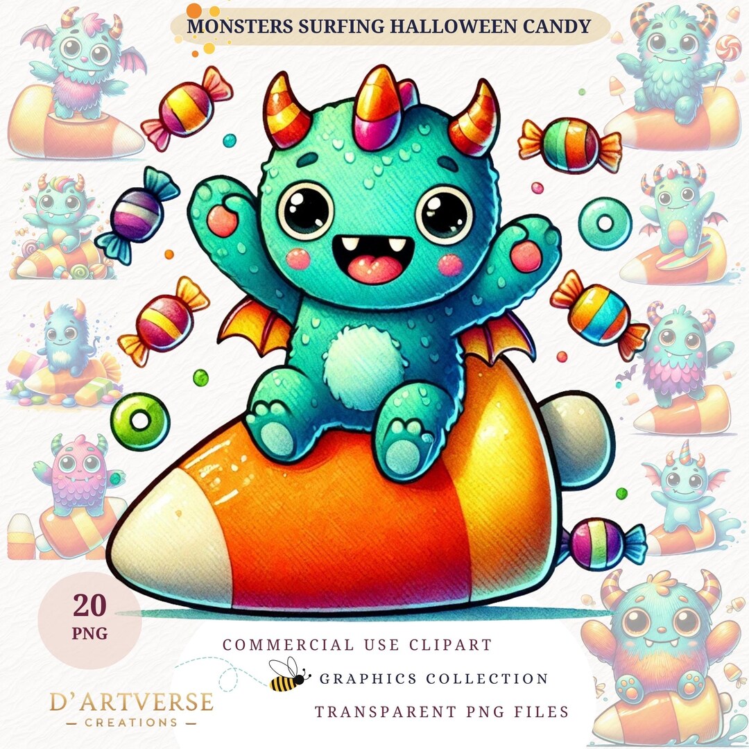 Watercolor Halloween Monster Clipart Bundle Cute Candy Creatures PNG ...
