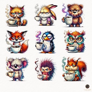 Grumpy Animal Coffee Clipart Bundle Watercolor Funny Animal PNG Coffee ...