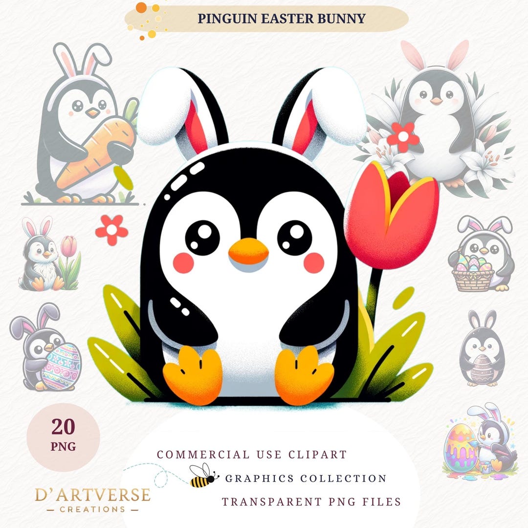 Funny Easter Penguin Clipart Watercolor Bunny Costume PNG Spring Egg ...