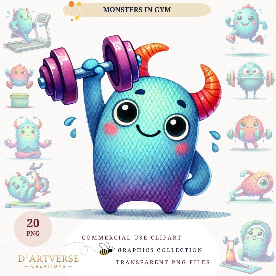 Cute Workout Monsters Clipart Bundle Watercolor Gym Creatures PNG ...