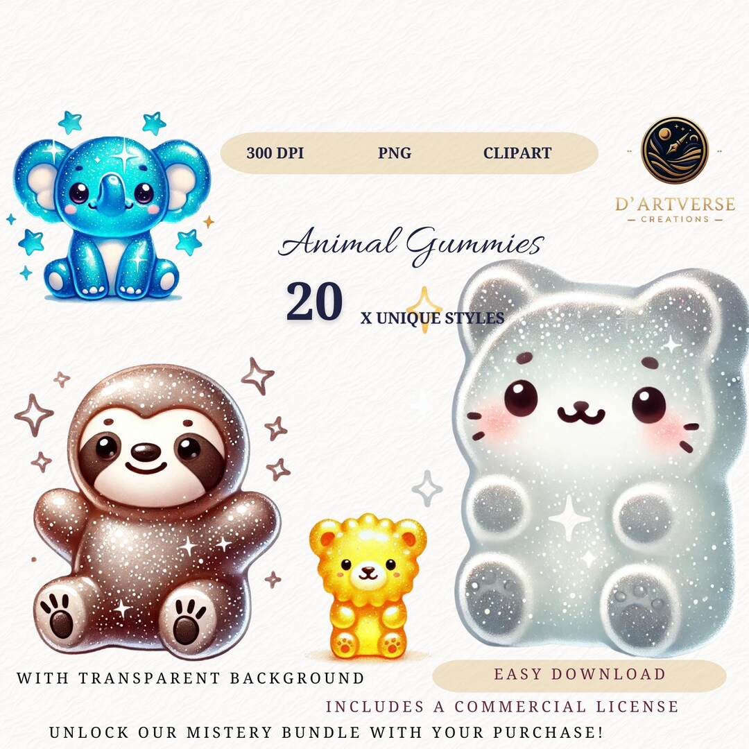 Watercolor Animal Gummies Clipart Bundle Cute Candy Graphics Gummy Bear ...