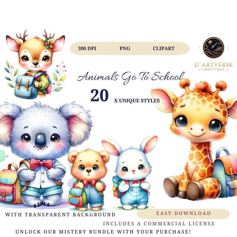 Watercolor School Animals Clipart Cute Animal Graphics Back to School ...