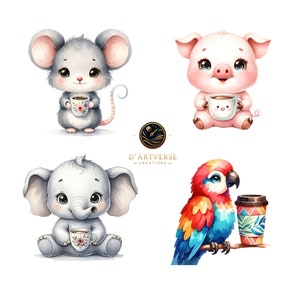 Watercolor Cute Animals Clipart Cafe Mug Animals Png Baby Animal ...