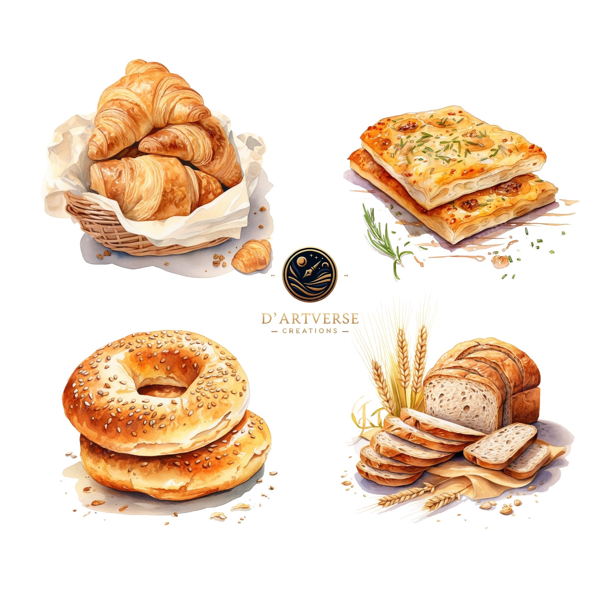 Watercolor Bakery Clipart Bread Croissant French Baguette Png Breakfast ...