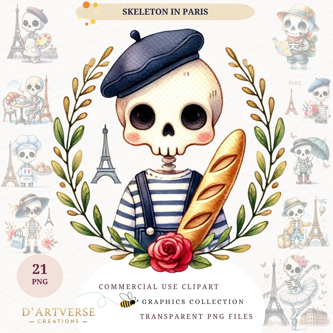 Paris Skeleton Clipart Bundle Funny Watercolor Ballerina Skeleton PNG ...