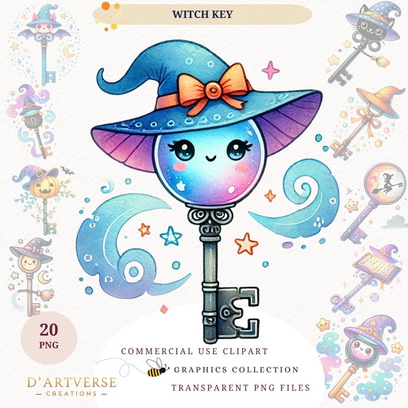 Watercolor Witch Key Clipart Bundle Magical Fantasy Lock PNG Halloween ...