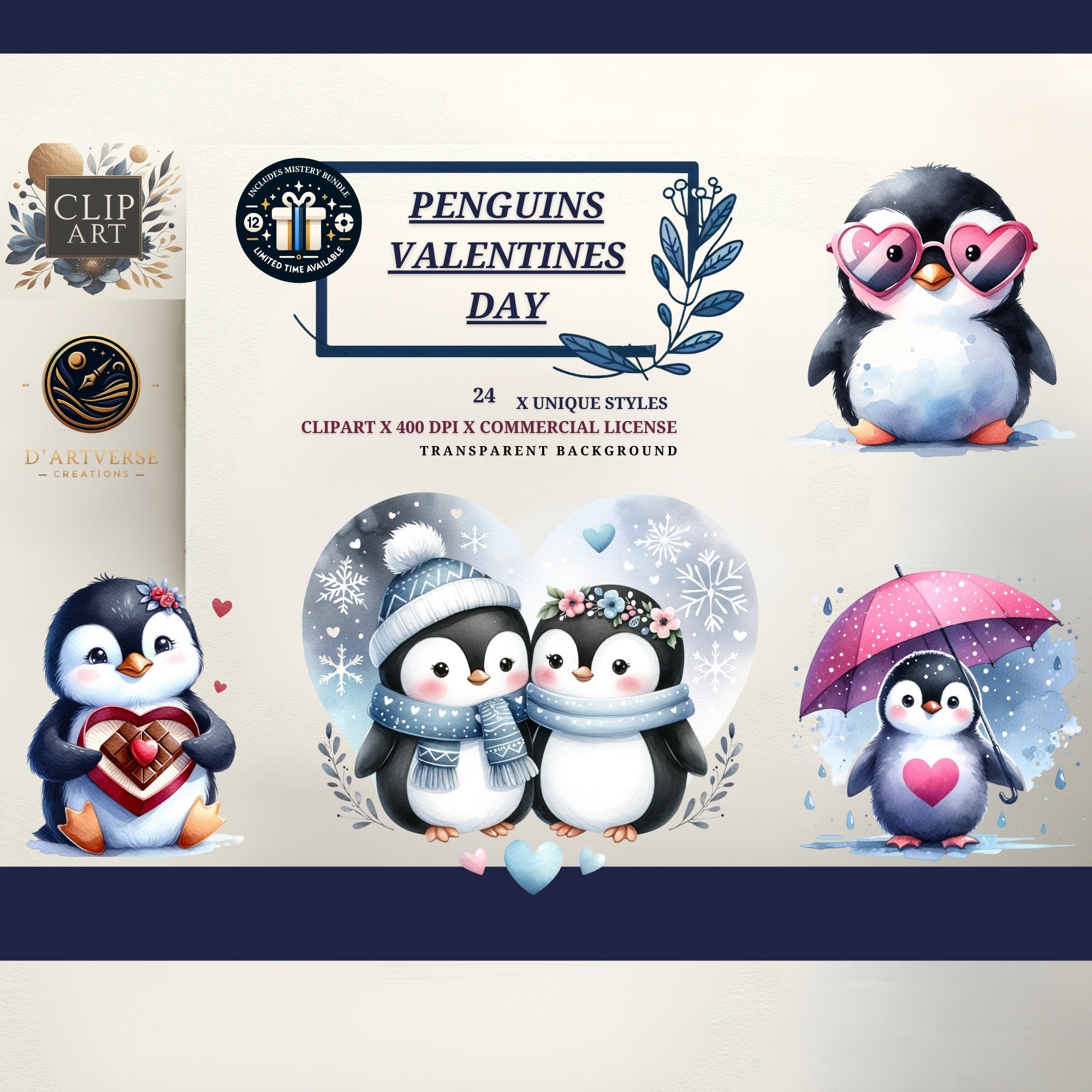 Watercolor Penguin Art Valentine Clipart Set Romantic Penguins Digital ...