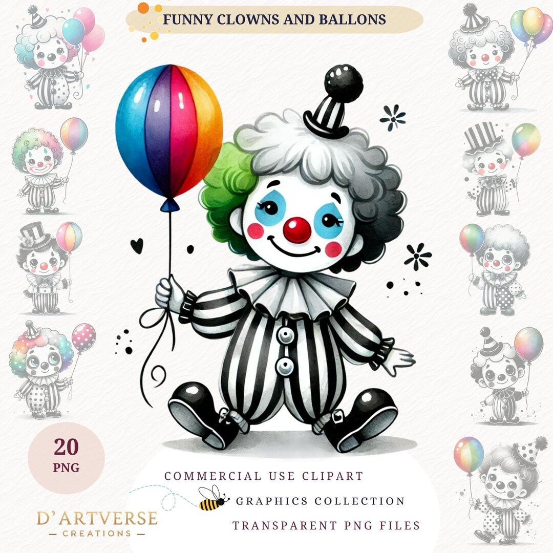 Watercolor Clown Clipart Bundle Circus Party Balloons PNG Funny ...