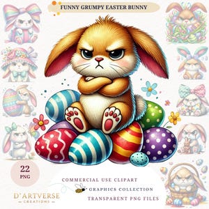 Funny Grumpy Easter Bunny Clipart Set Watercolor Angry Rabbit PNG Cute ...