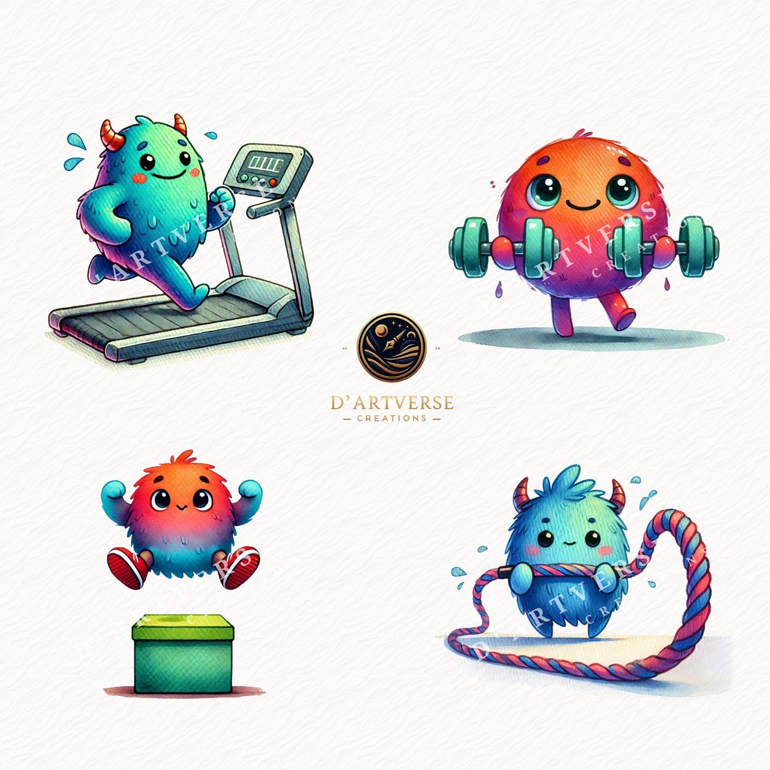 Cute Workout Monsters Clipart Bundle Watercolor Gym Creatures PNG ...