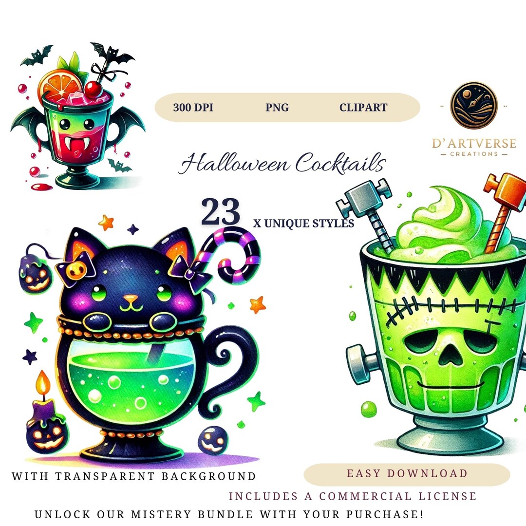 Halloween Cocktail Watercolor Clipart Bundle Cute Spooky Drink Graphics ...