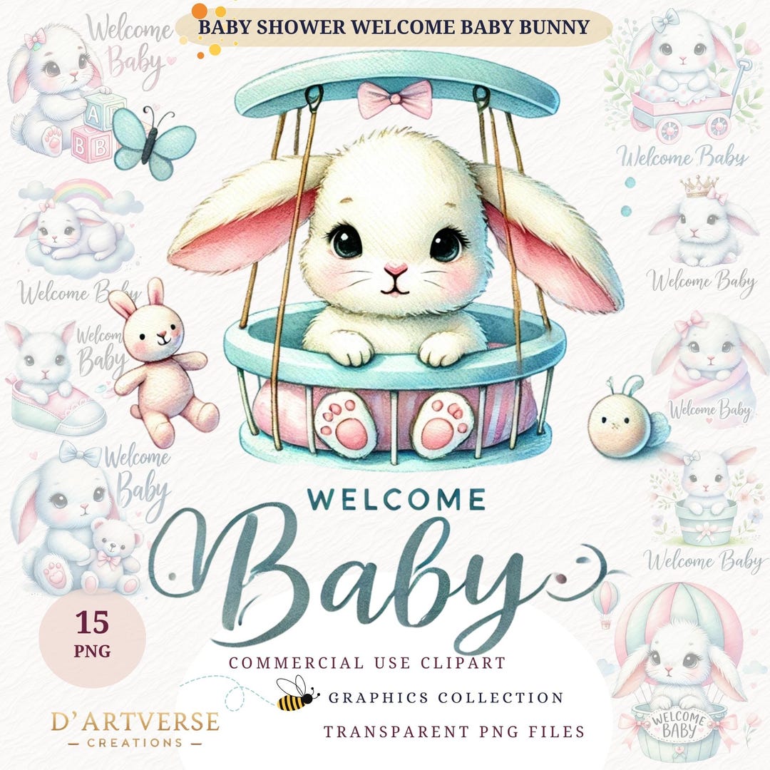 Watercolor Baby Bunny Clipart Cute Rabbit PNG Nursery Animal Digital ...