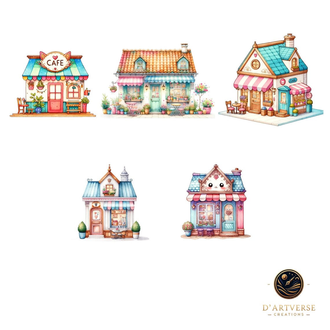 Watercolor Cute Cafe Clipart Digital Cafe Graphics PNG Coffee Shop ...