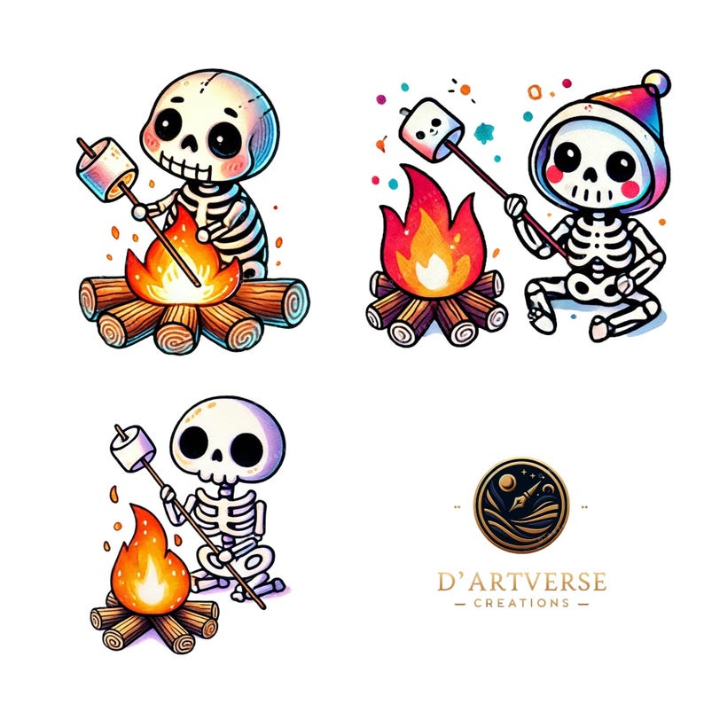 Watercolor Skeleton Clipart Marshmallow Campfire Cute Skeleton PNG ...