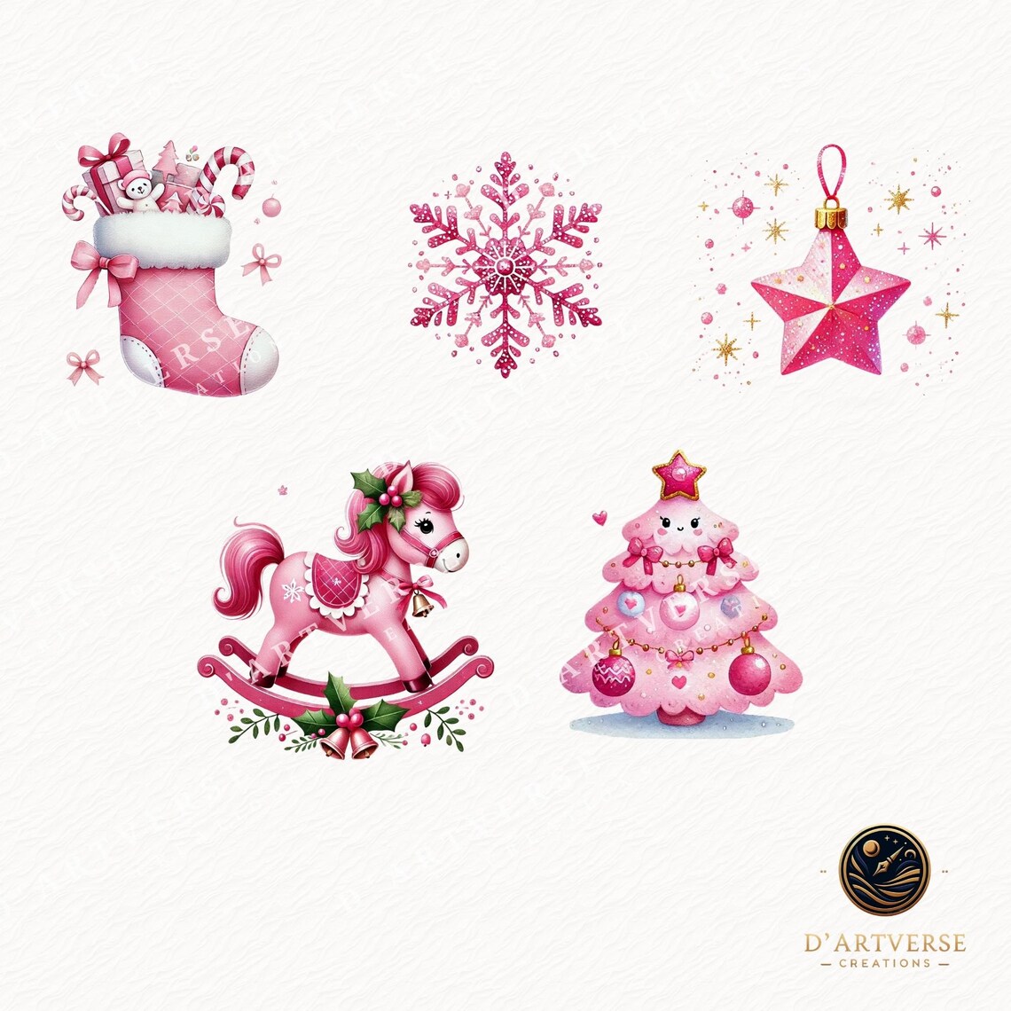 Watercolor Pink Christmas Clipart Bundle Pastel Holiday Decor PNG Pink ...