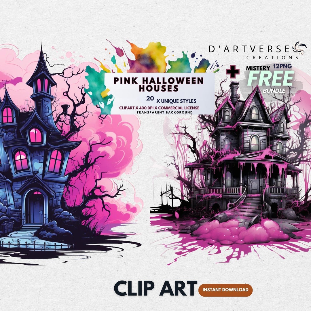 Pink Halloween Clipart Bundle Spooky Houses Png Haunted Pink - Etsy