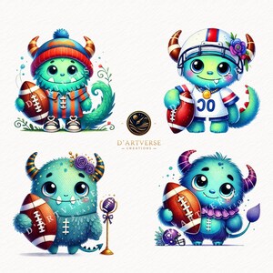 Funny American Football Monster Clipart Watercolor PNG Cute Sport ...