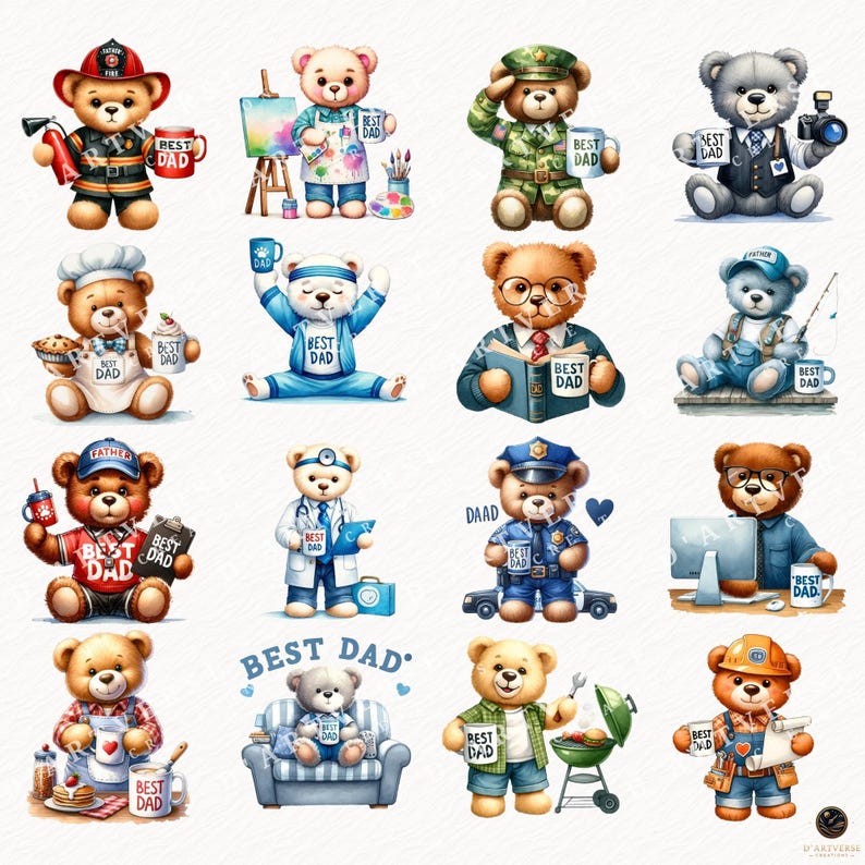 Father’s Day Teddy Bear Clipart Bundle Watercolor Cute Dad Mug PNG ...