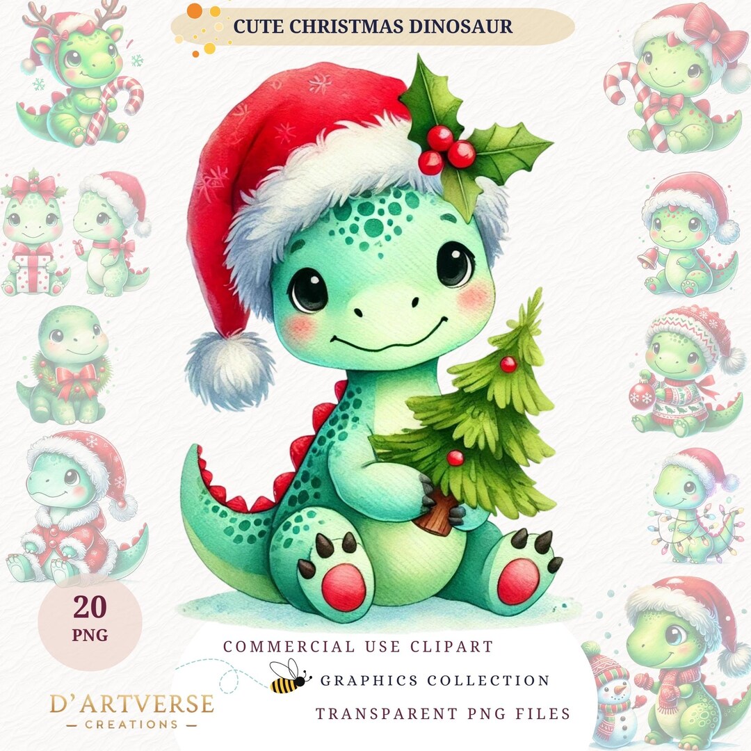 Watercolor Baby Dinosaur Christmas Clipart Cute Dino Graphics PNG ...